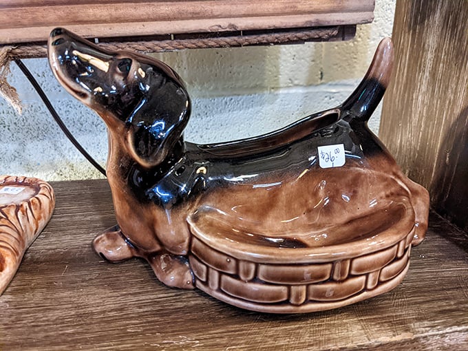 Even the kitsch has character! This dachshund planter probably watched "I Love Lucy" from someone's coffee table when it was brand new.