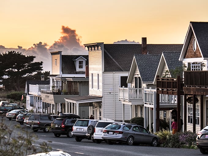 Golden hour transforms Mendocino's white buildings into a sunset canvas, the perfect finale to a day of coastal exploration.