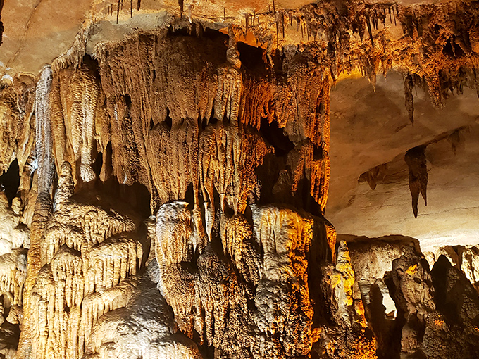 Nature's version of Gothic architecture! These dramatic formations hang like petrified waterfalls, creating an underground cathedral millions of years in the making. 
