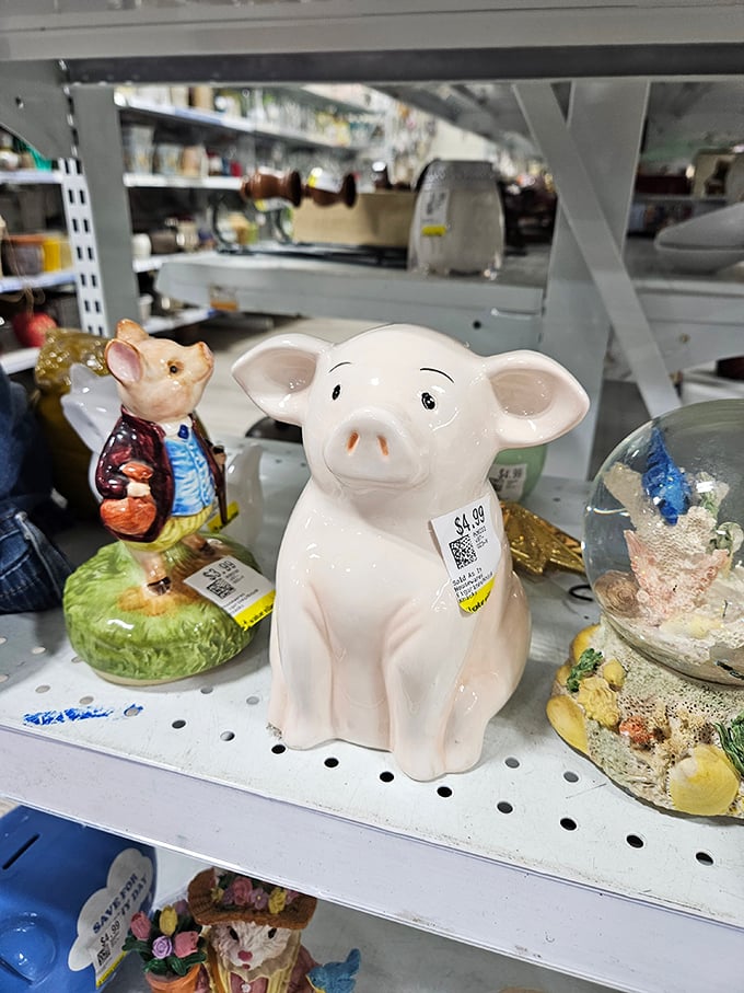Ceramic creatures with hopeful eyes await adoption. That $4.99 pig might become the quirky bathroom decor conversation starter you never knew you needed.