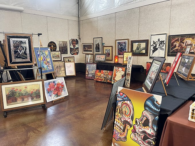 An art lover's dream corner where paintings of every style and era lean against each other like old friends at a reunion.