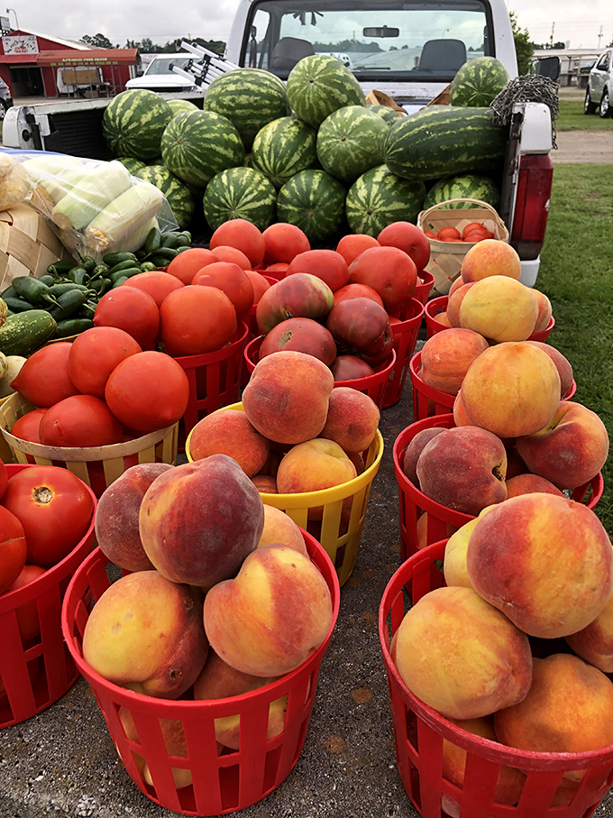 Nature's candy displayed with pride! These sun-ripened peaches and watermelons didn't travel across continents to meet you&mdash;just across the county.