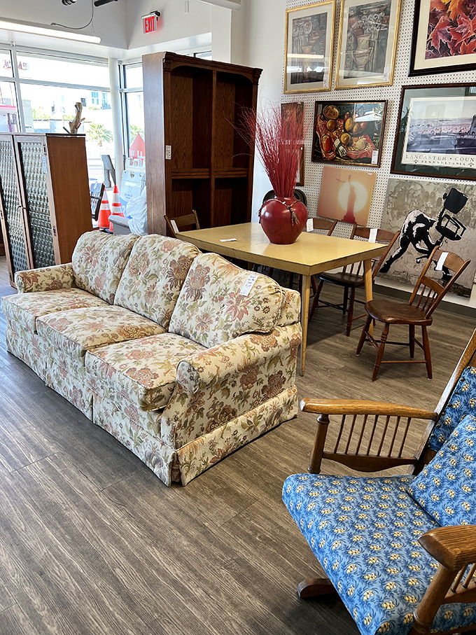 Furniture vignettes create mini living rooms throughout the store &ndash; that floral sofa has seen some stories and is ready to hear yours.