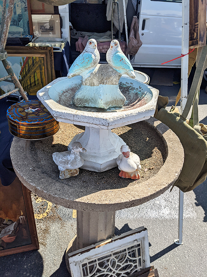 Weathered concrete birdbath fountain promises garden magic, complete with feathered friends for charming outdoor ambiance. 