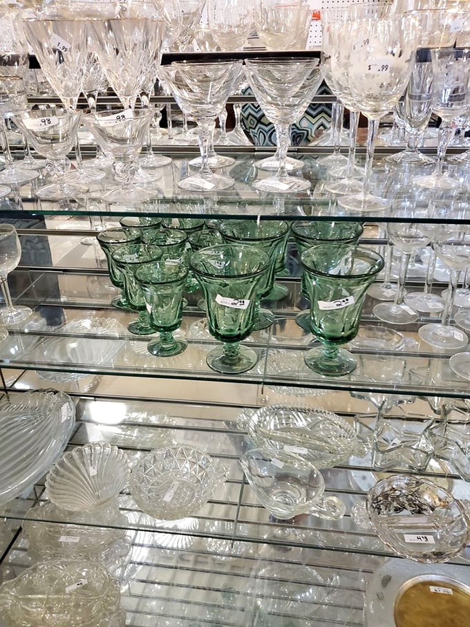 Crystal and glassware that survived decades of dinner parties now wait patiently for your table. That green depression glass is calling your name!