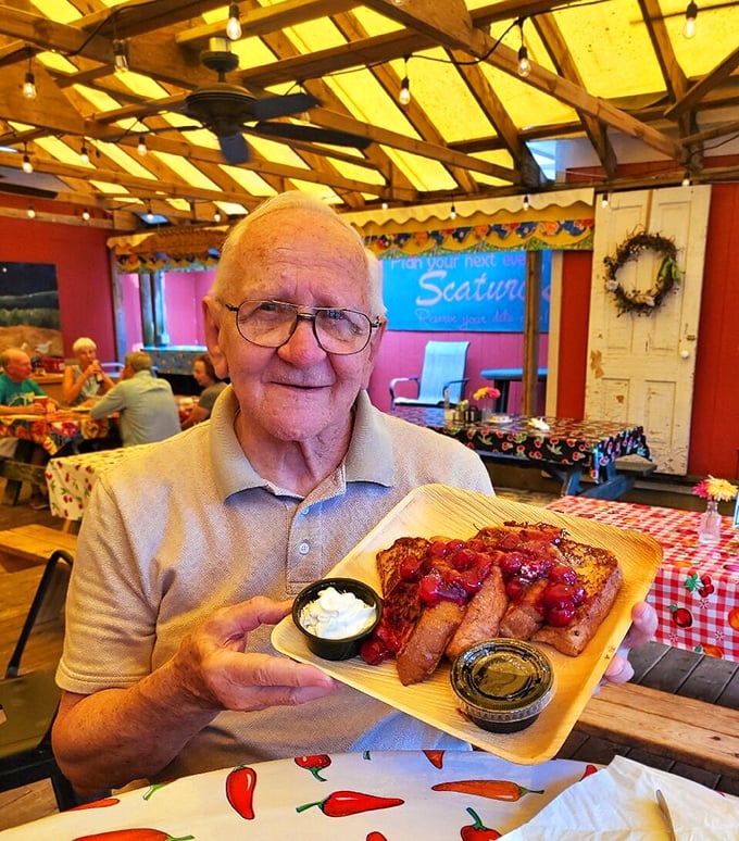 The universal language of "this food is amazing" needs no translation&mdash;just the smile of someone experiencing Door County's cherry-topped French toast for the first time.