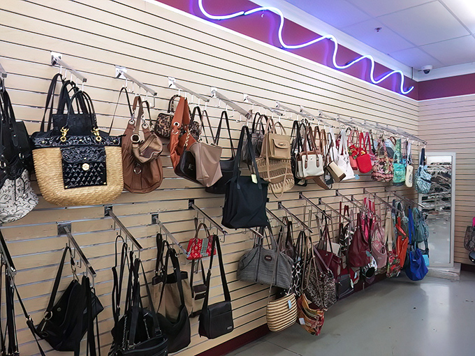 Handbag heaven for the fashion-forward bargain hunter. That leather tote probably cost someone three digits, but today it could be yours for pocket change.