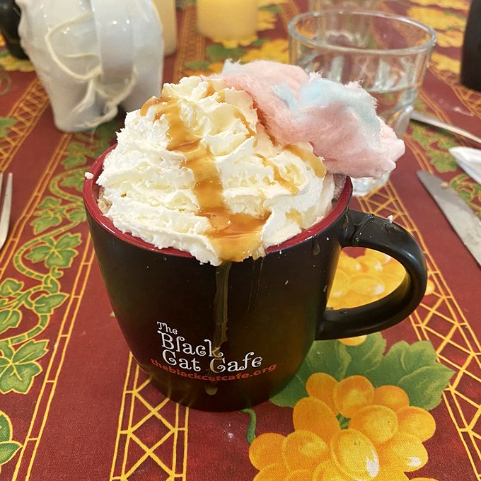 Hot chocolate that's dressed for a special occasion, topped with whipped cream, caramel, and what appears to be cotton candy. Subtlety not included!