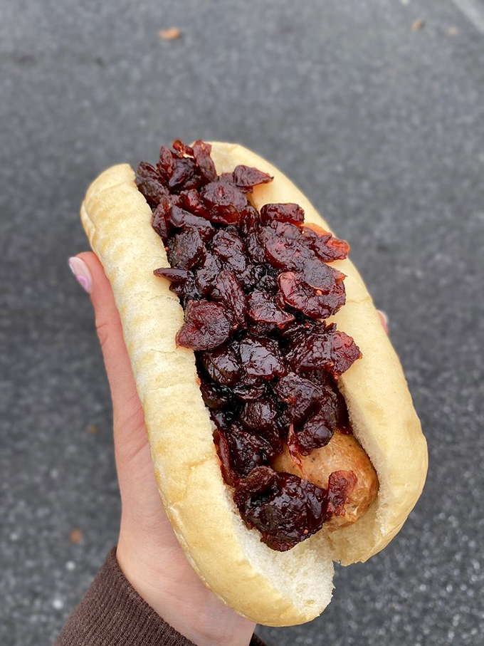 A hot dog that's been properly dressed for the occasion. That cranberry topping isn't just unusual&mdash;it's a bold fashion statement in the world of tube steaks.