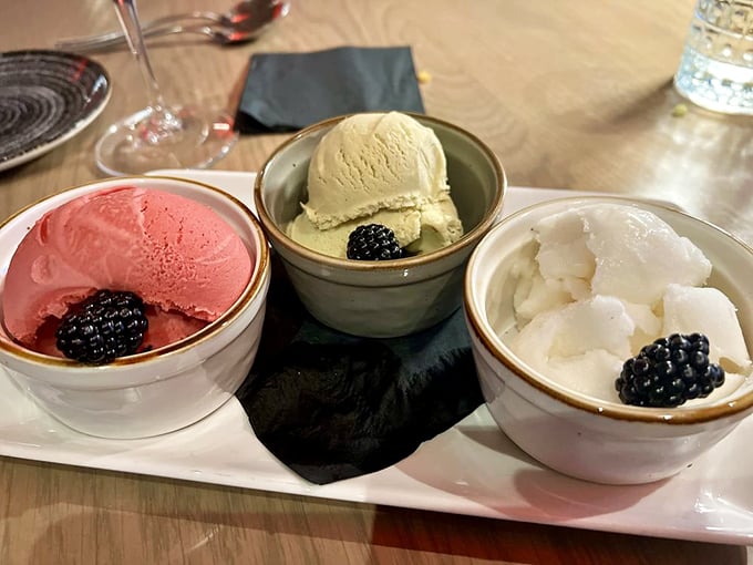 A trio of house-made ice creams, each crowned with a blackberry. It's like The Supremes of desserts&mdash;three distinct voices creating perfect harmony.