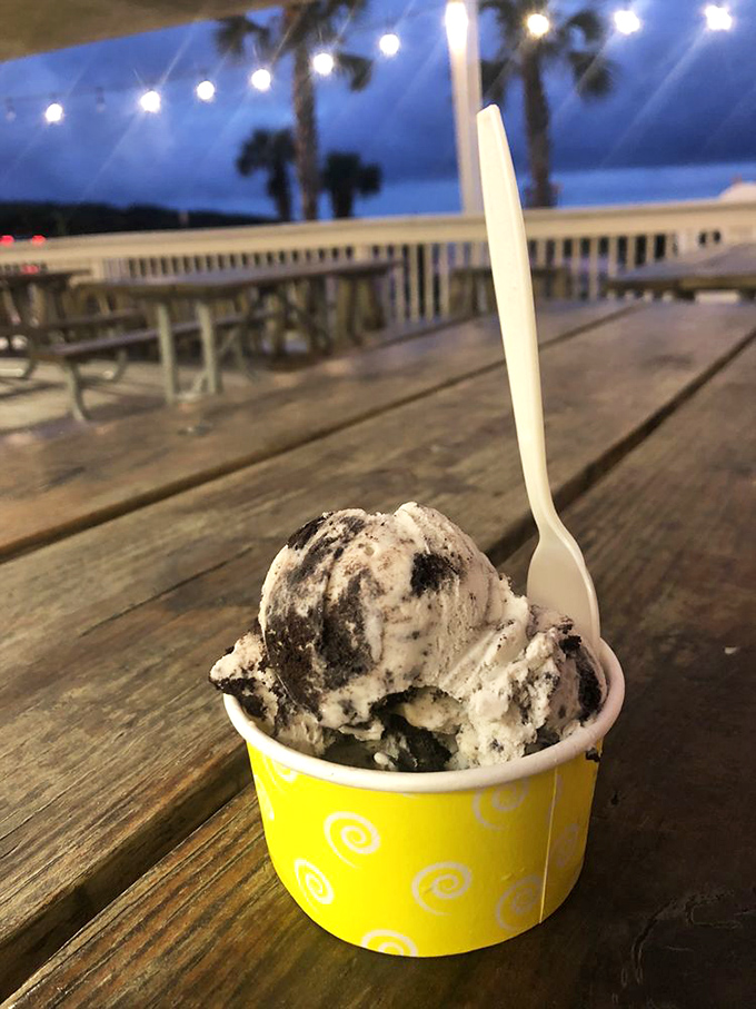 Ice cream at twilight with string lights and palm trees—a moment so perfectly Florida it could be on a tourism brochure.