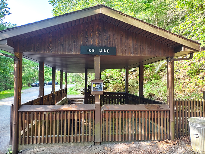 The Ice Mine pavilion: protecting visitors from sunburn while they marvel at ice forming in summer&mdash;nature's way of thumbing its nose at physics.