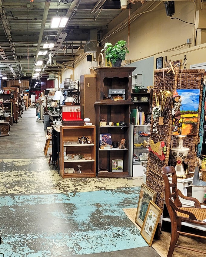 The industrial bones of the old mill create the perfect backdrop for treasures that span decades of American design.