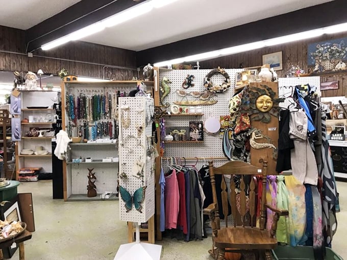Treasure hunter's paradise where pegboard walls display everything from jewelry to scarves, proving that organization and abundance can happily coexist.