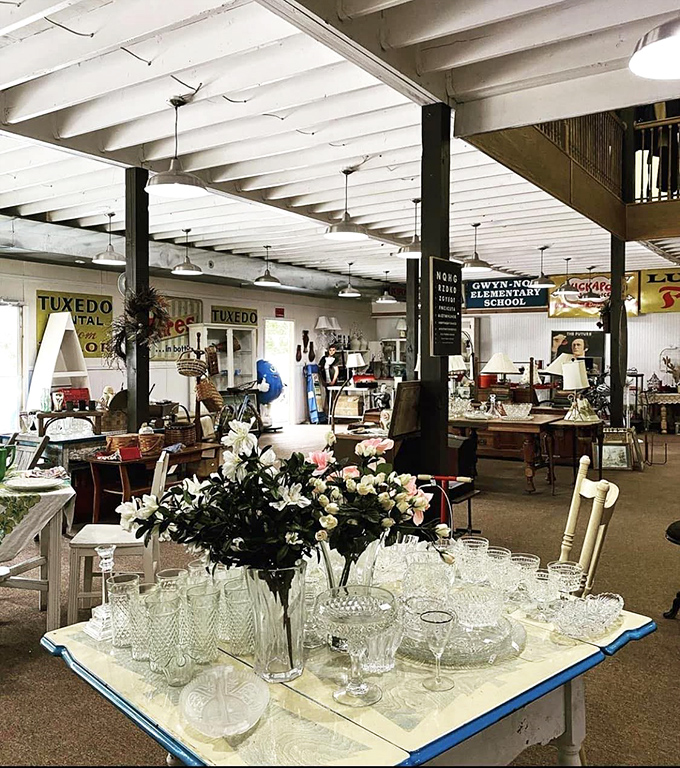 Crystal glassware catches the light while vintage signs tell stories of businesses long gone. Every corner offers a new decade to explore.