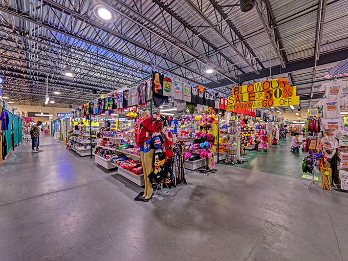 The flea market's endless aisles stretch like a retail universe, where shopping carts replace spaceships and bargains orbit around every corner.