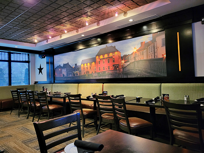 European charm meets Midwest hospitality in this dining area, where a mural transports you across the Atlantic without the jet lag.