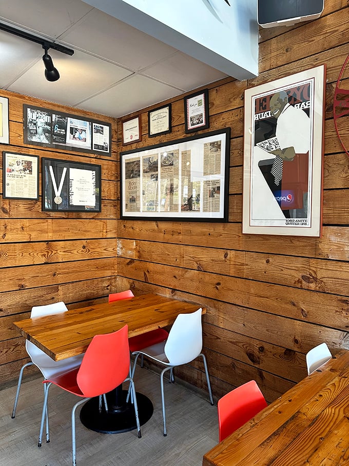 Wooden walls and colorful chairs create that rare space where both hipsters and their parents feel equally at home.