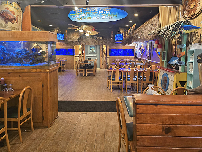 Wooden booths, fish-themed d&eacute;cor, and enough nautical touches to remind you why you're here&mdash;without feeling like you're dining inside a fishing net.