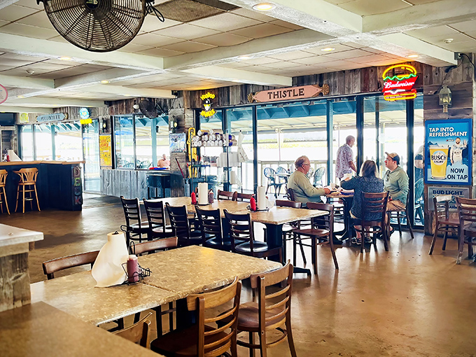 Inside, nautical charm meets practical comfort. The kind of place where nobody minds if you show up with sand between your toes.