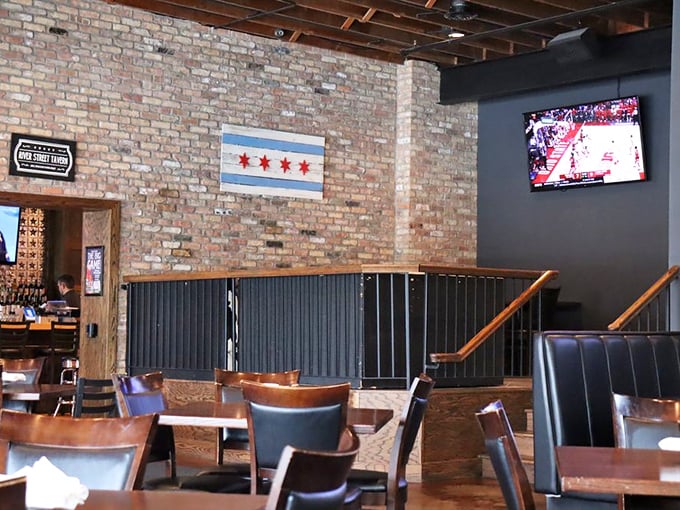 Chicago flag pride meets sports bar comfort in a space where both the Bears game and your dinner conversation can thrive.