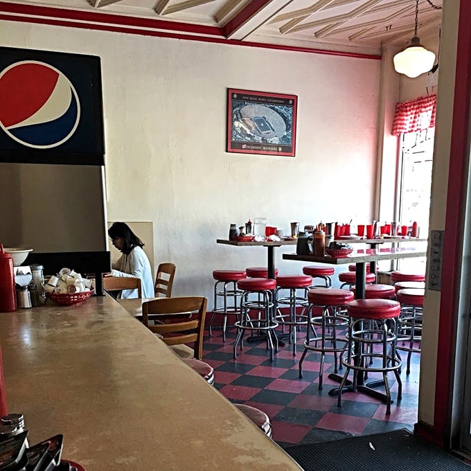 Red stools, checkered floors, and Pepsi memorabilia&mdash;Mickey's interior design philosophy is "if it ain't broke since 1965, don't fix it."