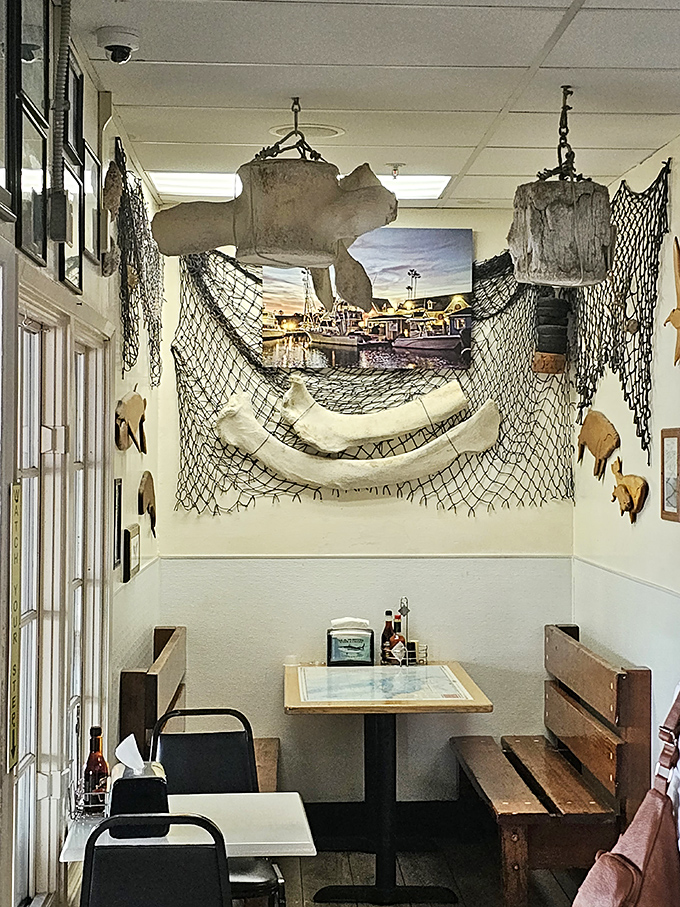 Fishing nets and maritime artifacts create the perfect nook for intimate conversations over bowls of that famous chowder.