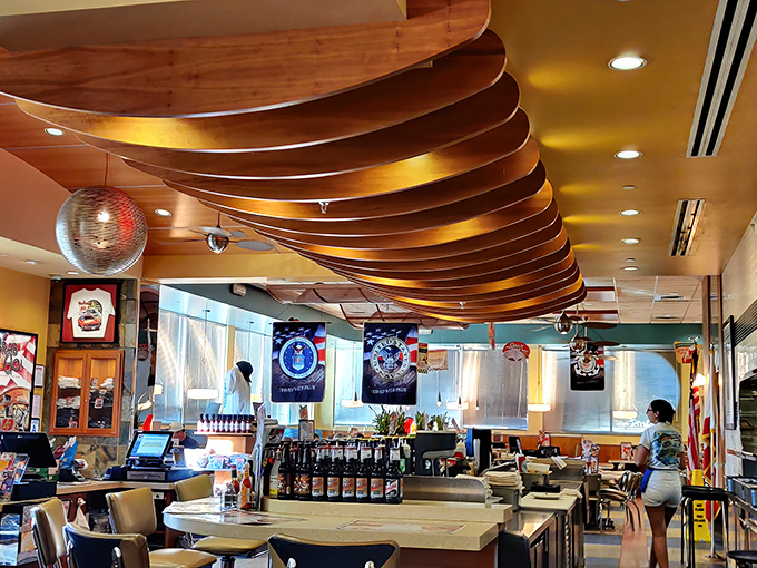 The curved wooden ceiling beams aren't just architectural details&mdash;they're the ribs of this culinary cathedral where comfort food is the religion.