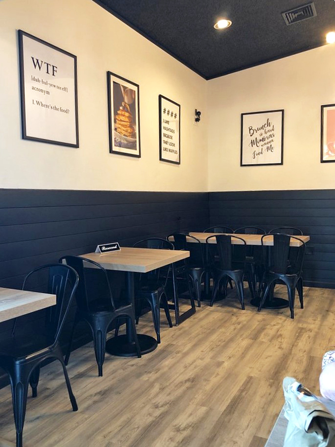 Clever wall art that reads "WTF: Where's The Food?" captures the playful personality behind this serious culinary operation.