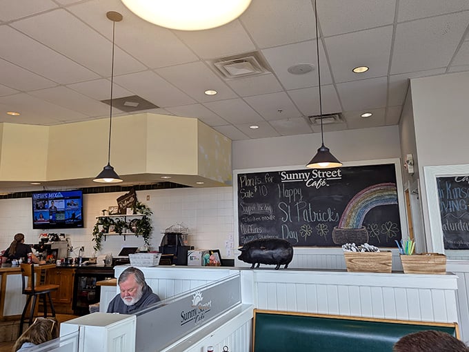 Sunny by name, sunny by nature&mdash;chalkboards announcing specials and bright spaces invite you to linger over that third coffee refill.