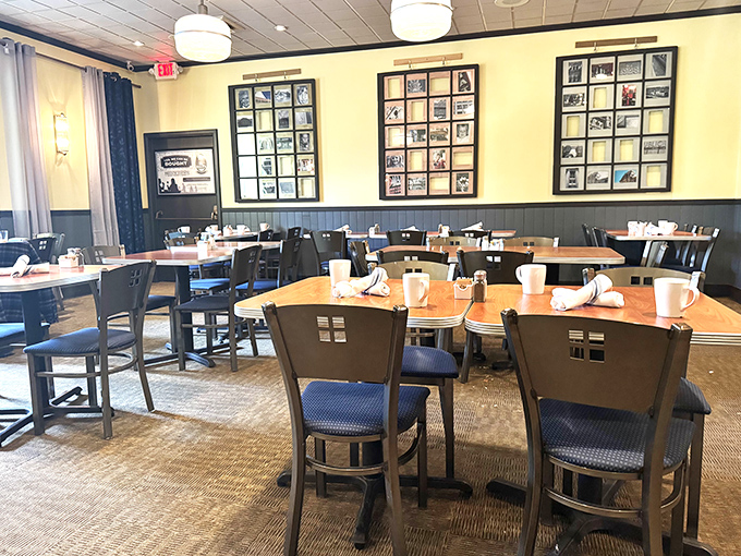 Not just a dining room, but a breakfast sanctuary. Those photo collages on the wall? They're the hall of fame for satisfied customers.