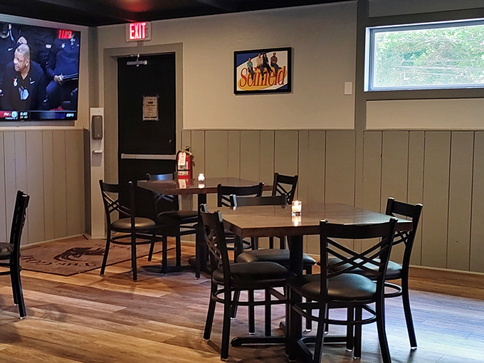 The dining room says "stay awhile" in the language of comfortable chairs and warm lighting. This is where food comas are happily induced.