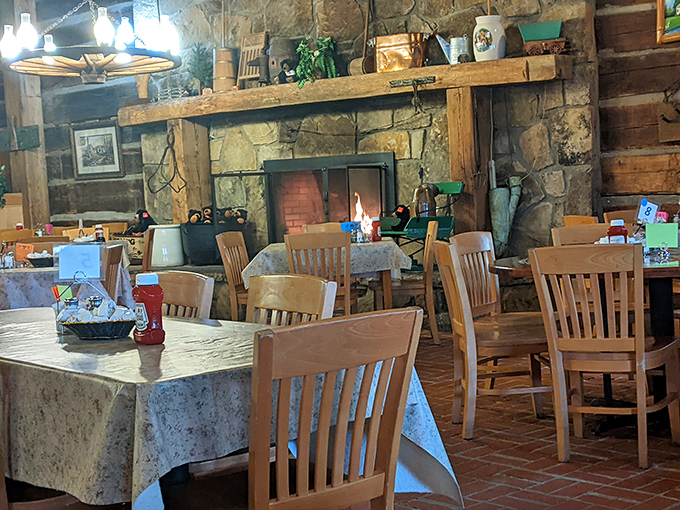 A stone fireplace anchors the dining room, promising warmth and hospitality even on the chilliest Tennessee mornings.