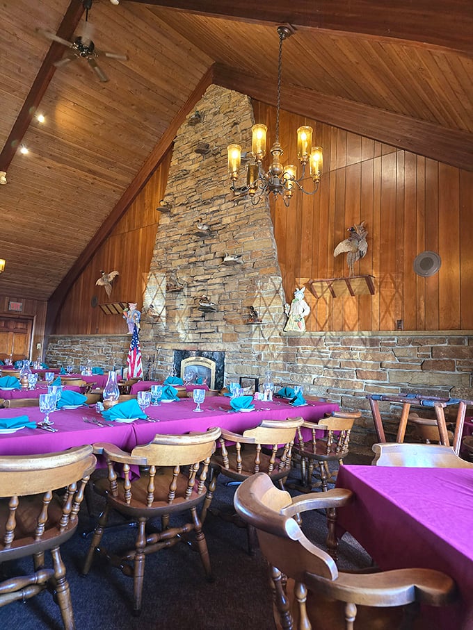 Where mounted ducks and chandeliers coexist in rustic harmony. If these wooden beams could talk, they'd tell tales of countless celebrations.