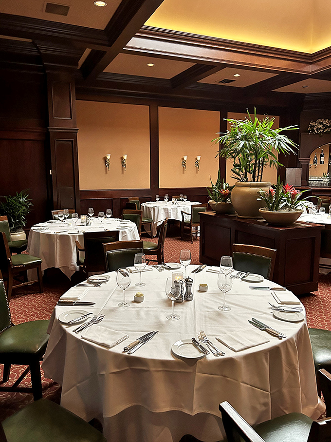 Elegant lighting, strategic greenery, and tables spaced for conversation—a dining room designed when restaurants understood ambiance matters.
