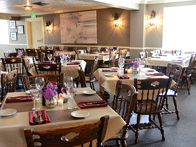 The dining room waits in quiet anticipation, each table a blank canvas ready for the artistry of Wisconsin's beef traditions.