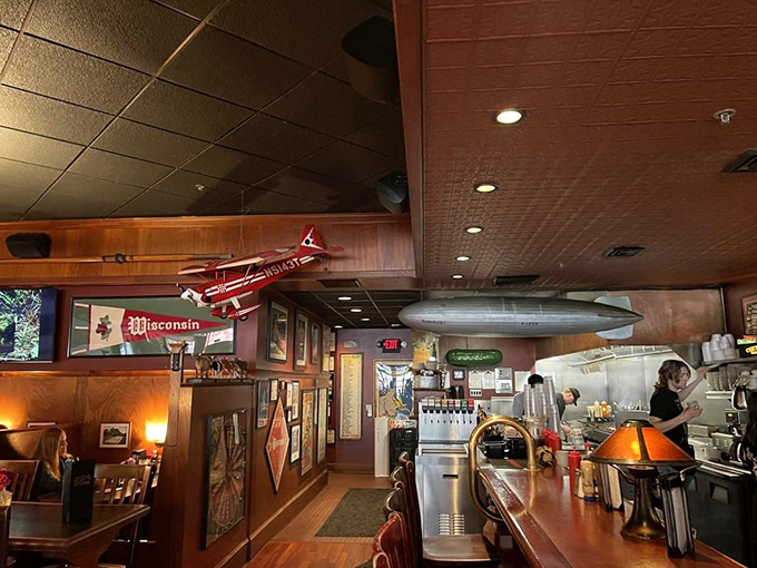 Airplanes and blimps suspended from the ceiling&mdash;because when the food is this grounded in excellence, the decor can soar. 