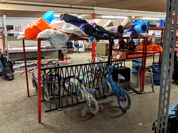 Childhood on wheels! These bikes and exercise equipment represent both abandoned New Year's resolutions and kids who outgrew their wheels too quickly.