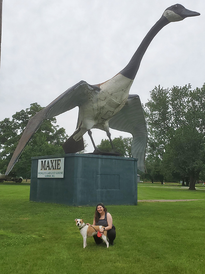 Even four-legged visitors seem impressed by Maxie's grandeur. This pup appears unsure whether to bark or bow before goose greatness.