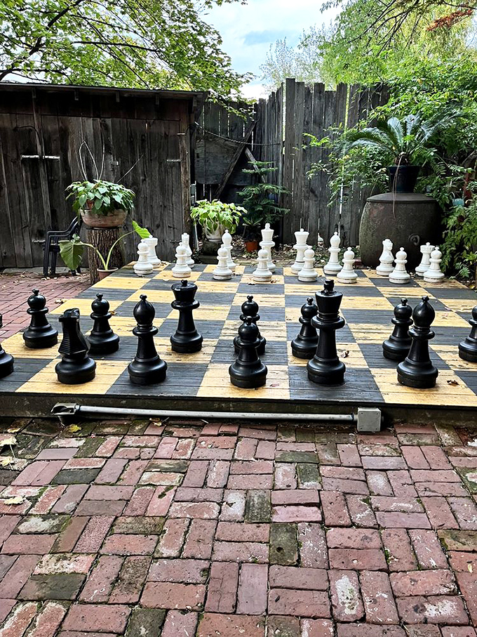 Chess pieces stand at attention on this oversized garden board&mdash;a battlefield where strategic minds can contemplate their next move between sips of craft beer. 