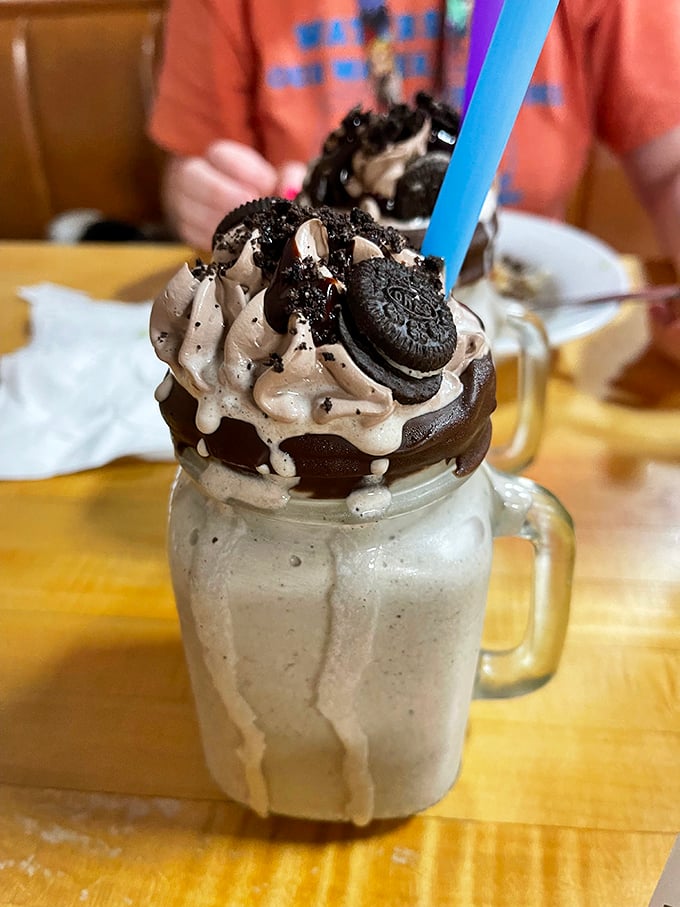 This isn't just a milkshake&mdash;it's dessert architecture that demands respect and Instagram posts. The Oreo crown makes it breakfast royalty.