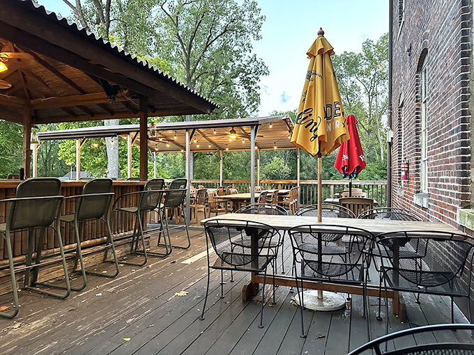 The outdoor seating area offers a breath of fresh air without sacrificing the mill's rustic charm. Summer evenings were made for this.