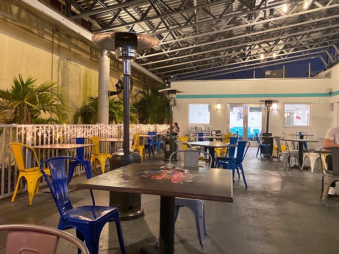 Colorful outdoor seating under Florida skies makes every meal feel like a mini vacation.