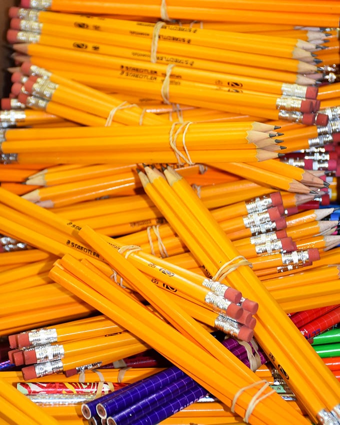 A sea of #2 pencils bundled like tiny yellow rafts. School supply shopping without breaking the bank&mdash;parents rejoice!
