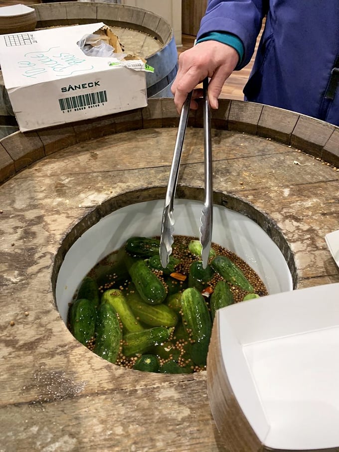 The pickle barrel&mdash;where cucumbers go to fulfill their destiny. That satisfying crunch is the sound of happiness itself.