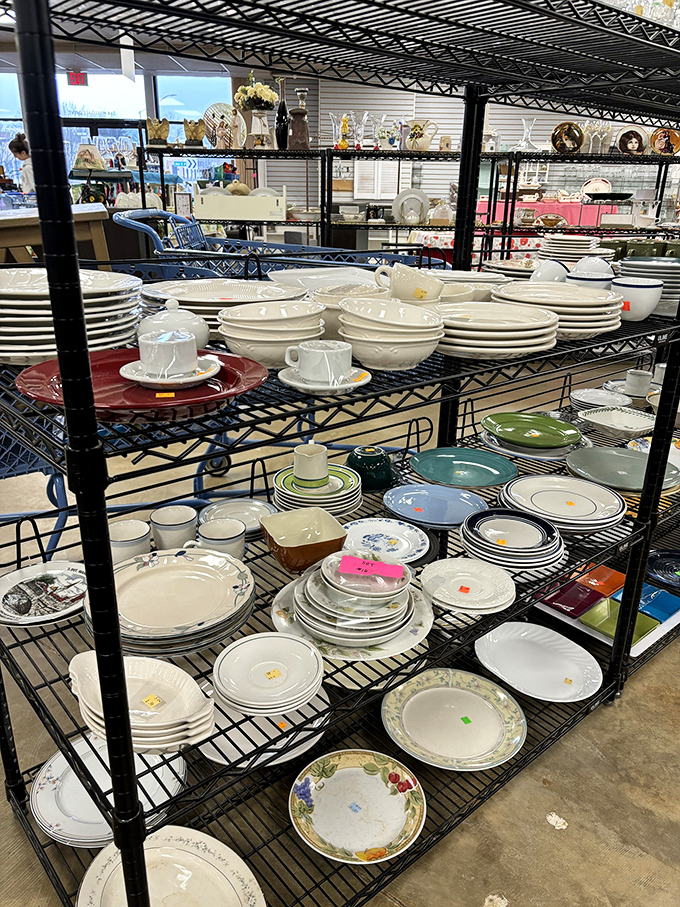 Dish democracy in action&mdash;floral patterns and classic whites coexist peacefully on metal shelves, ready to grace new dinner tables.