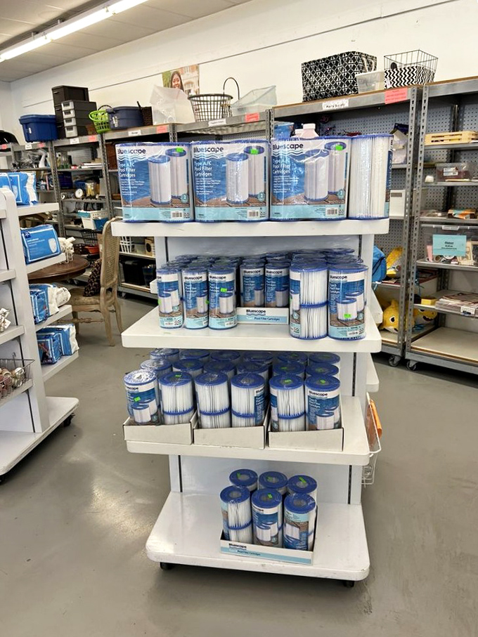 Pool filters stacked high – because even in Florida, maintenance supplies deserve a second chance.