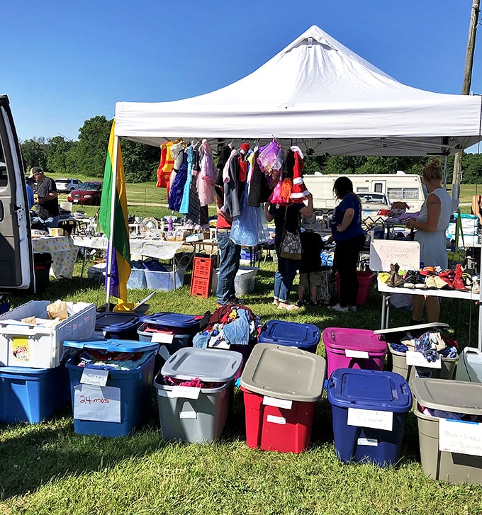 Plastic tubs of possibility! Each container holds potential wardrobe transformations for shoppers willing to dig for fashion gold.