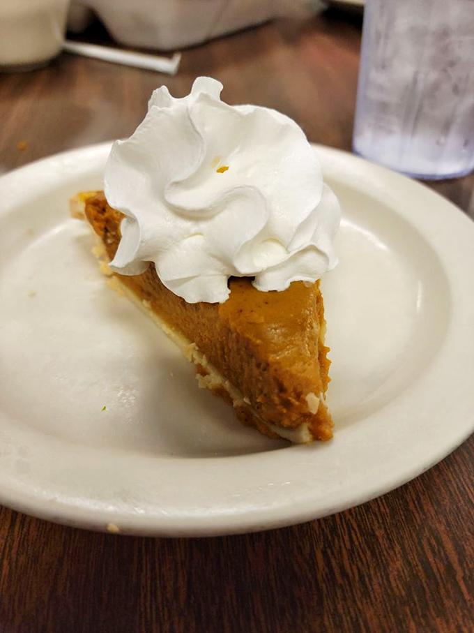 Pumpkin pie with a cloud of whipped cream so perfect it makes you wonder why anyone bothers with fancy desserts when classics like this exist.