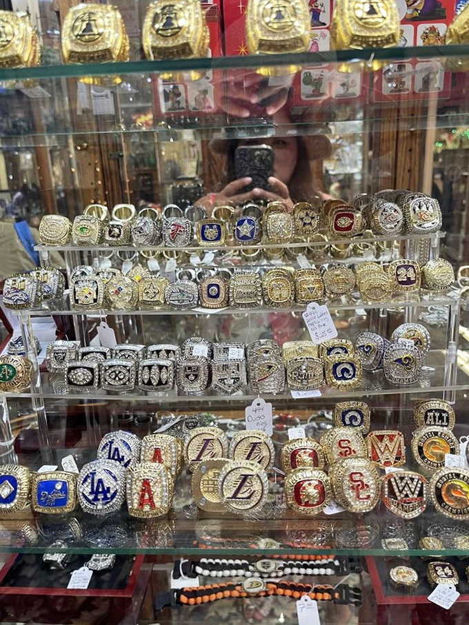 Championship dreams captured in gold and gemstones &ndash; each ring a frozen moment of athletic glory waiting for its next admirer.